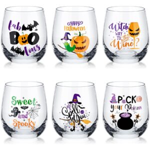 pickmesh 6 pcs halloween wine glass 12oz witches stemless glass spider pumpkin halloween drinking glass halloween party gift for wedding event birthday party for women, sisters, friends, colleagues