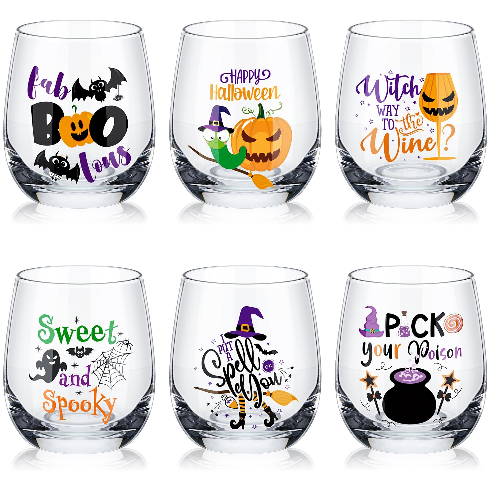 Pickmesh 6 Pcs Halloween Wine Glass 12oz Witches Stemless Glass Spider Pumpkin Halloween Drinking Glass Halloween Party Gift for Wedding Event Birthday Party for Women, Sisters, Friends, Colleagues