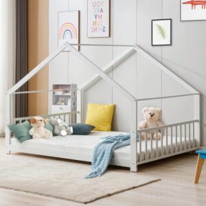 pipleo full size floor bed, wood house bed with headboard and footboard, montessori wood bed, playhouse toddler floor bed frame for boys, girls, no box spring needed (white, full size)