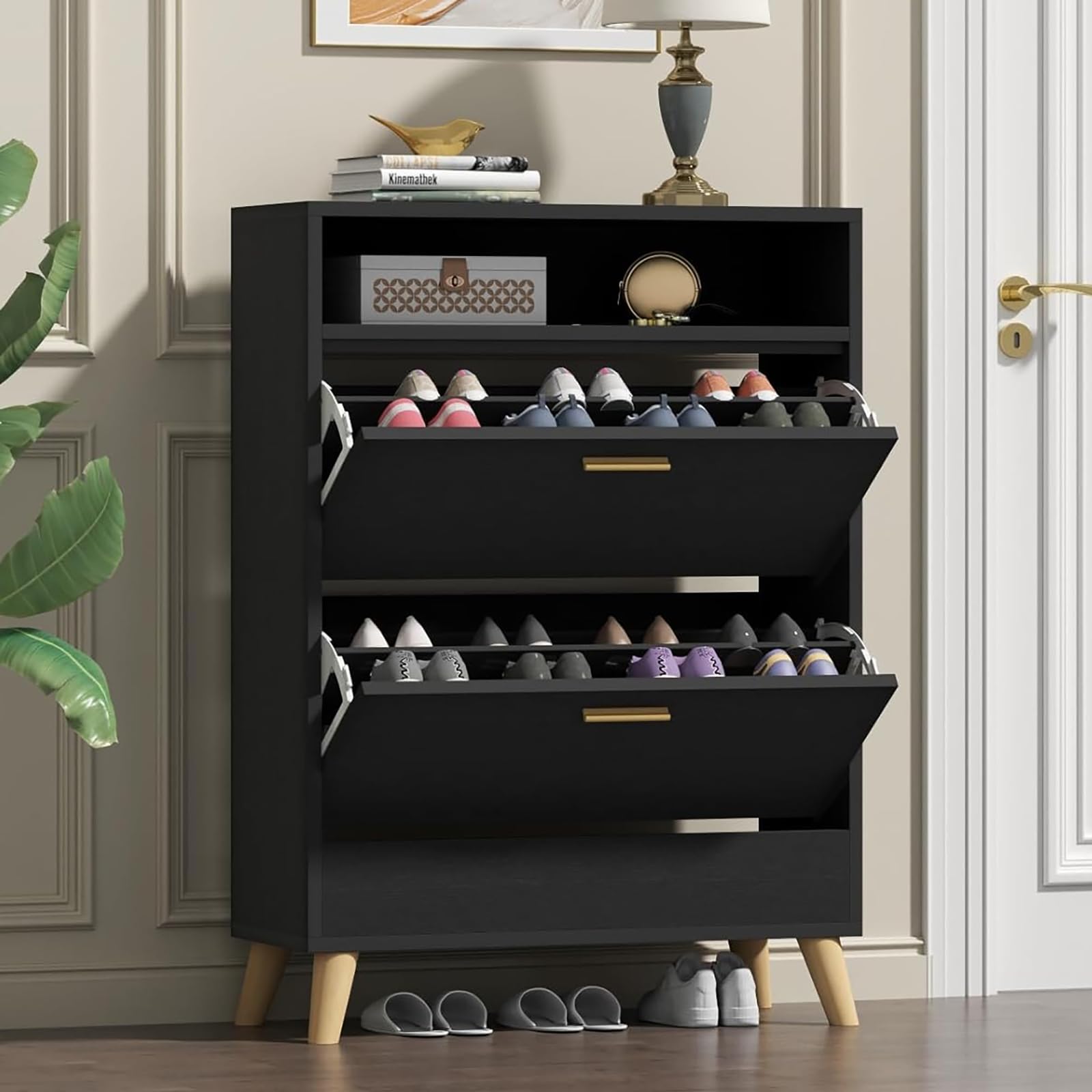 Shoe Storage Cabinet for Entryway, Free Standing Shoe Organizer with 2 Flip Drawers, Slim Narrow Hidden Shoe Rack Cabinet with Open Shelf, Shoe Cabinet for Hallway, Living Room (Black)