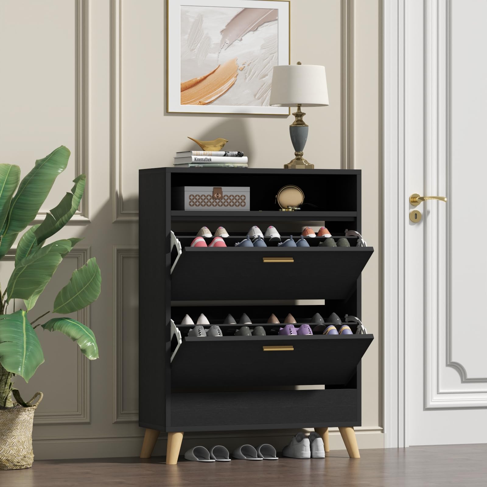 Shoe Storage Cabinet for Entryway, Free Standing Shoe Organizer with 2 Flip Drawers, Slim Narrow Hidden Shoe Rack Cabinet with Open Shelf, Shoe Cabinet for Hallway, Living Room (Black)