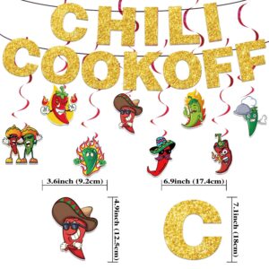 Chili Cook Off Decorations, 1 Pc Chili Cook Off Banner 8 Pcs Chili Hanging Swirls 3 Pcs Honeycomb Centerpiece for Chili Contest Tasting Competition, Chili Party Banners Chili Festival Party Supplies