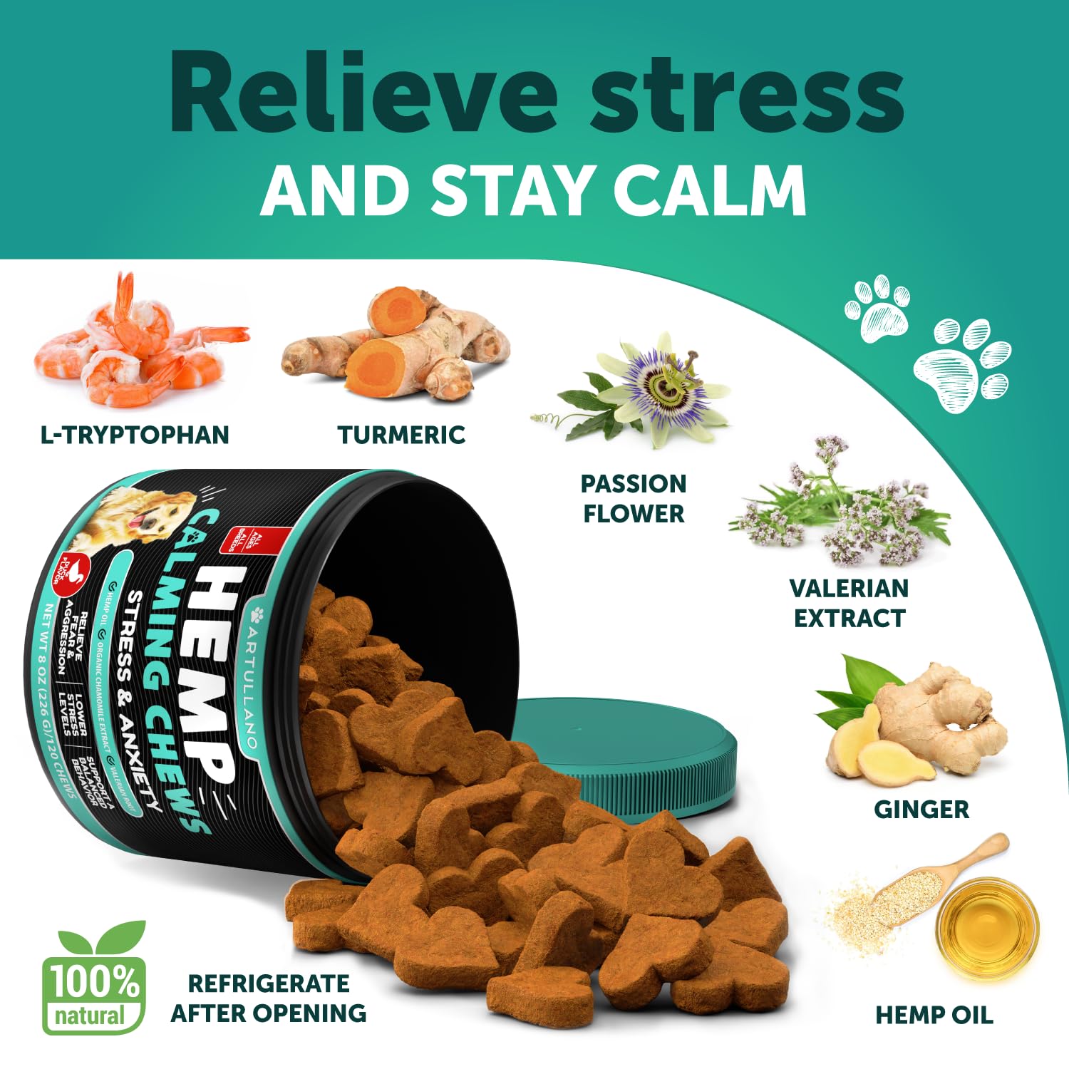 Artullano Hemp Calming Chews for Dogs - Advanced Dog Calming Chews - Anxiety Relief Treats - Dog Anxiety Relief - Health and Wellness Supplements for Dogs - Hip and Joint Support - 120 Chews