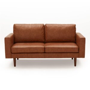 Dreamsir 65" Loveseat Sofa, Faux Leather Love Seat Couch, Mid Century Modern Couch with Solid Wooden Frame for Living Room & Bedroom in Small Spaces, Brown