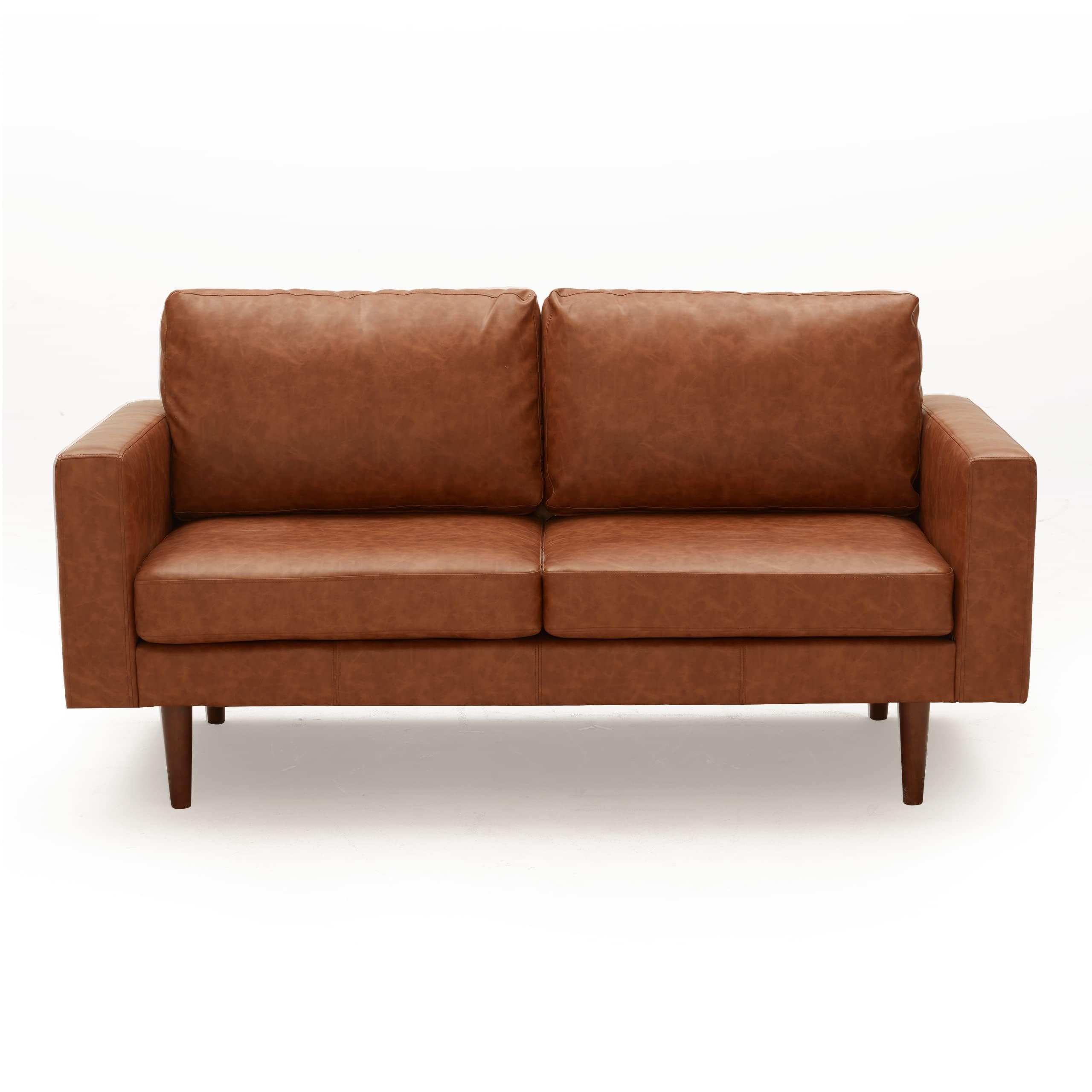 Dreamsir 65" Loveseat Sofa, Faux Leather Love Seat Couch, Mid Century Modern Couch with Solid Wooden Frame for Living Room & Bedroom in Small Spaces, Brown