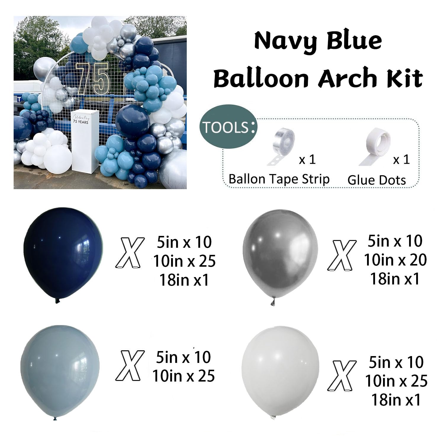 140Pcs Blue Balloon Arch Garland Kit, Navy Blue Dusty Blue Metallic Silver White Latex Balloons for Boys Men Birthday Baby Shower Wedding Gender Reveal Graduation Outer Space Party Decorations