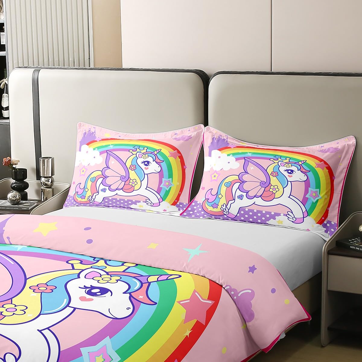 Erosebridal 100% Organic Unicorn Cotton Duvet Cover Twin Size, Rainbow Cloud Comforter Cover, Animals Castle Bed Set for Girls, Purple Yellow Pink Dot Kid Girls Cartoon Quilt Cover