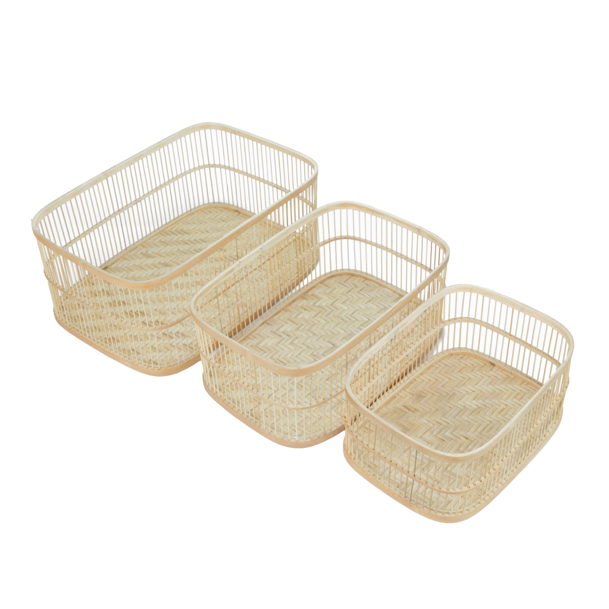 PEMAR Set of 3 Nesting Bamboo Storage Baskets, Decorative Organization Basket, Farmhouse Basket Bins, Rustic Boho Wicker Basket Organiser for Living Room, Bedroom, Pantry Decor