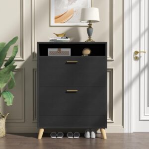 Shoe Storage Cabinet for Entryway, Free Standing Shoe Organizer with 2 Flip Drawers, Slim Narrow Hidden Shoe Rack Cabinet with Open Shelf, Shoe Cabinet for Hallway, Living Room (Black)