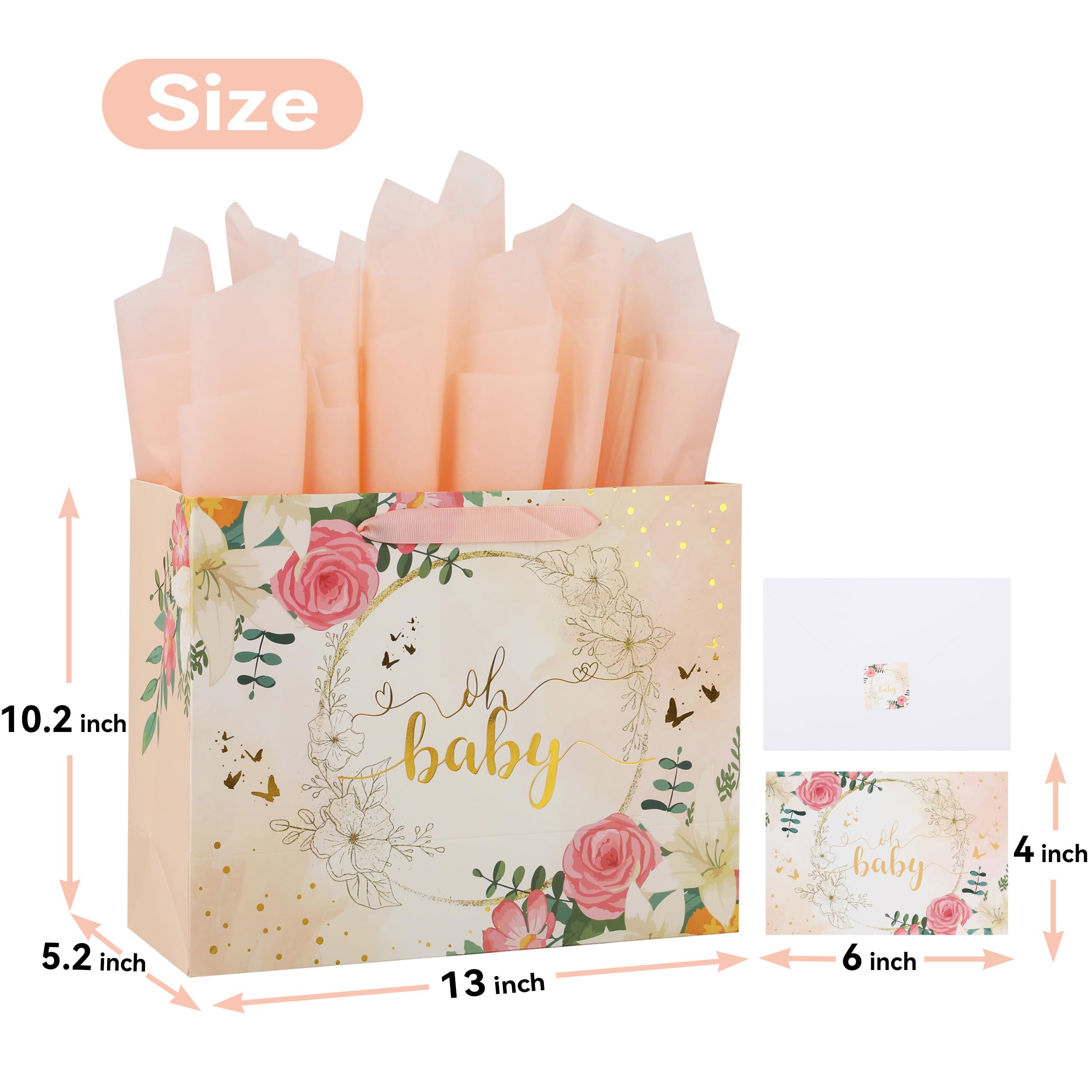 13" Large Light Orange Gift Bag Set with Greeting Card and Tissue Paper (Gold Foil ‘Oh Baby’) for Baby Shower, Baby Girl or Boy, Girls' Birthday Party, Women's Birthday Parties - 13”x5.2”x10.2”, 1 Pcs.