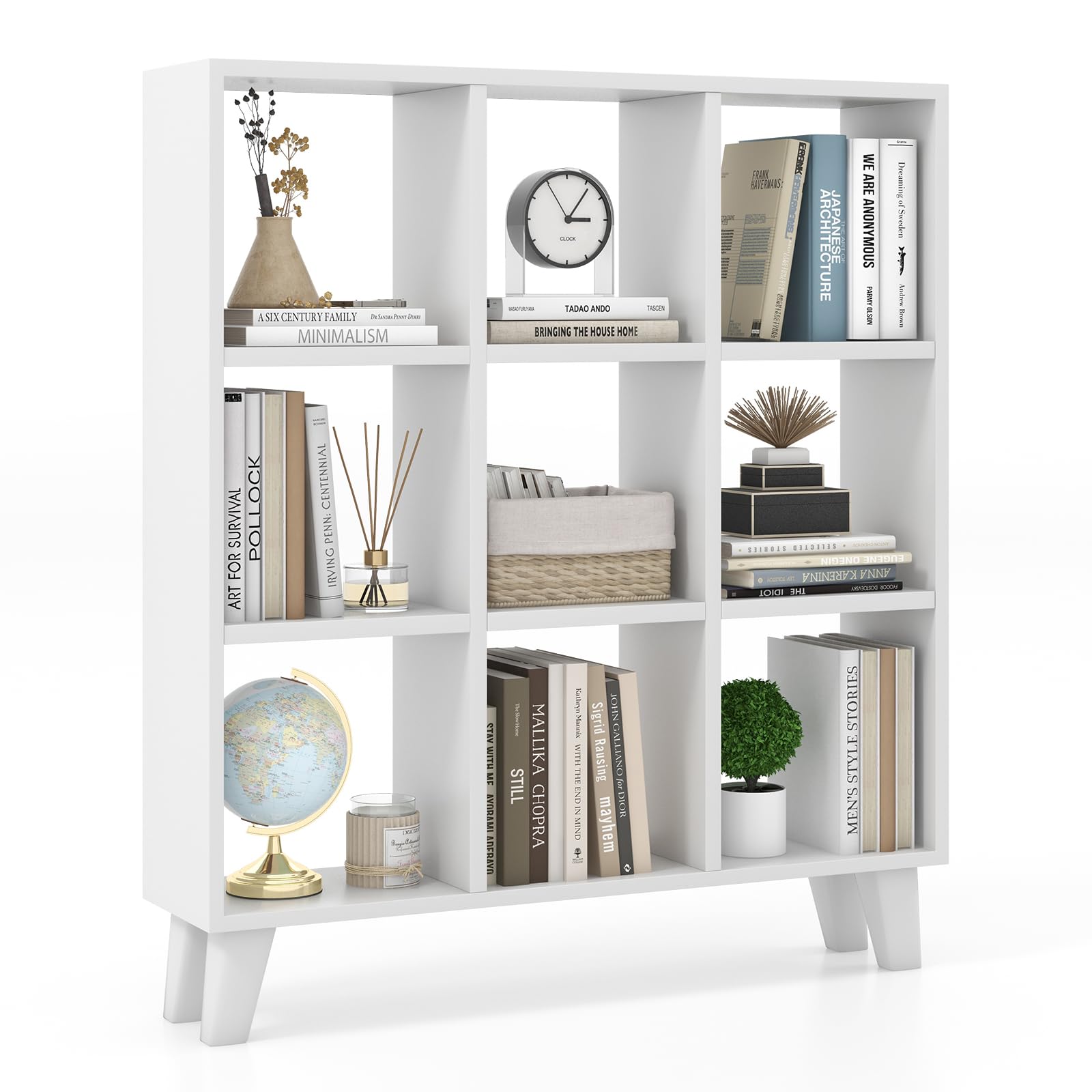 Giantex 9-Cube Open Bookcase, 3-Tier Freestanding Bookshelf with 4 Slanted Legs & 6 Removable Shelves, Modern Cubby Storage Organizer, Wood Display Book Shelf for Living Room Bedroom Study, White