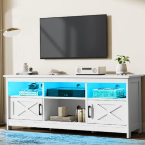 yitahome farmhouse tv stand with power outlet, led light entertainment center for tvs up to 65 inch, tv cabinet with storage, rustic media console for living room, 59" white