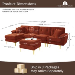 Nolohoo U Shaped Sectional Sofa Couch,114" Comfy L Shape Sofa with Chaise Lounge Ottoman, Modern Upholstered Chenille 4 Seat Modular Couch Set for Living Room Office, Orange