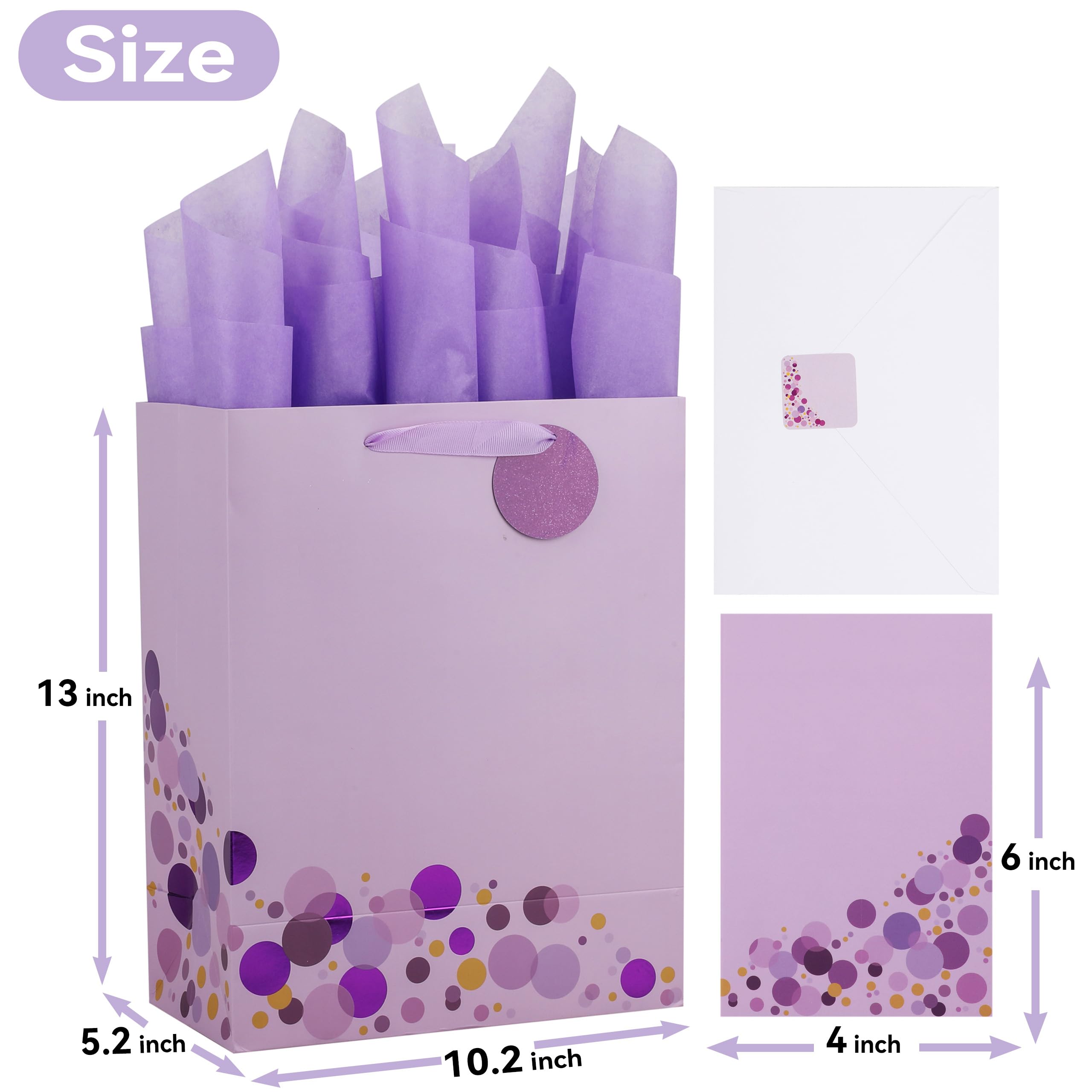 13" Large Purple Gift Bag Set with Greeting Card and Tissue Paper (Purple Foil Dots) for Celebrating Birthdays, Baby Shower, Weddings, Anniversary, Valentine's Day, Mother's Day - 10.2”x5.2”x13”, 1 Pcs.