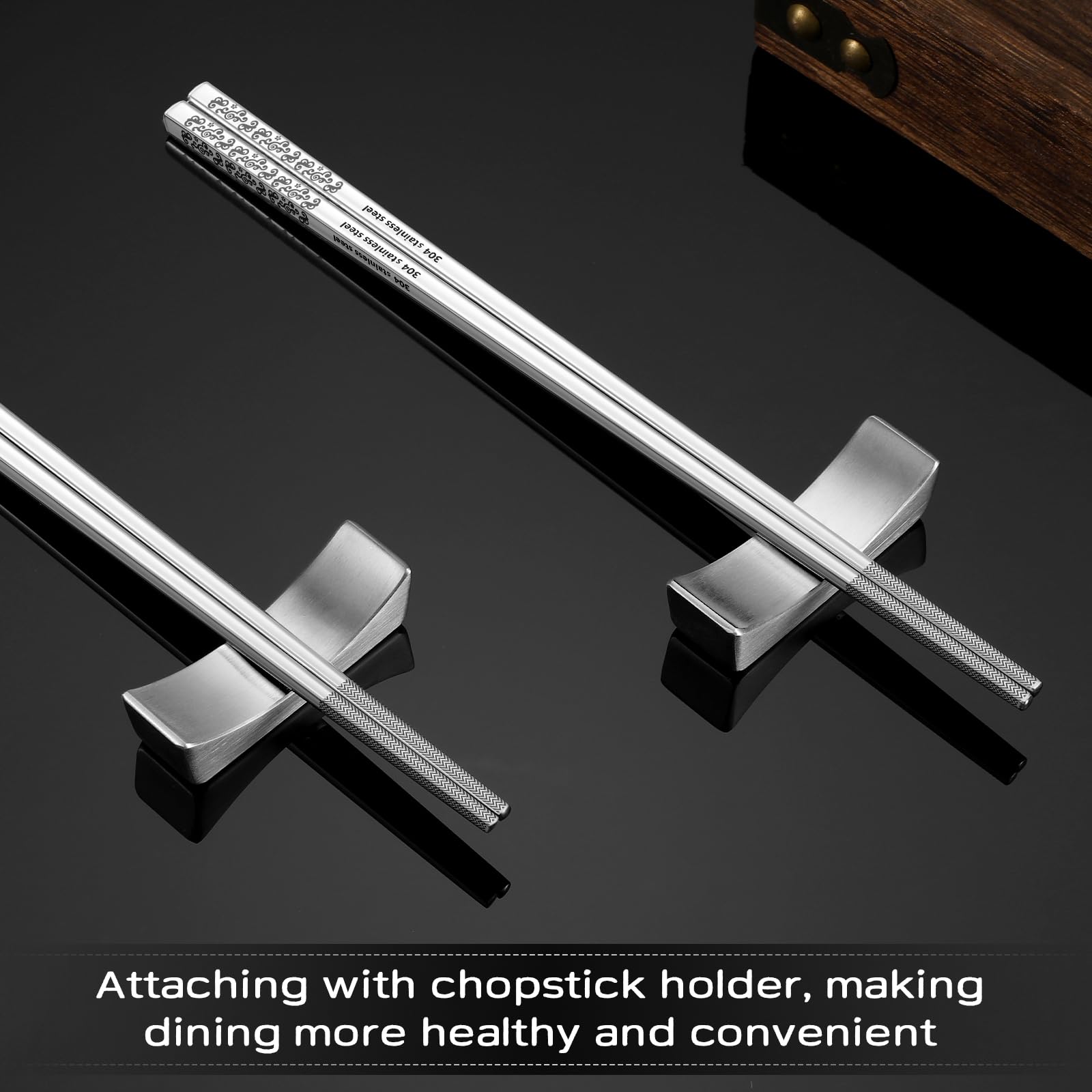 8 Pairs Metal Chopsticks and 8 Chopstick Holders Reusable 18/8 Stainless Steel Chopsticks Chopstick Rest Set Non-slip Japanese Korean Chinese Chopstick for Cooking Eating Dishwasher Safe 9.25"