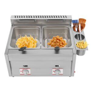 commercial deep fryer, gas countertop deep fryer with basket and lid, dual tank kitchen fat fryer, use for fry french fries, chicken wings, fish, applied to restaurants, fast food stalls, snack shops