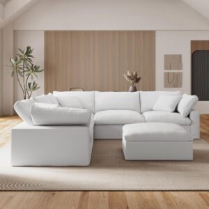 Gtilzria Oversized Modular Sectional Sofa Couch,White Linen Fabric Reversible V Shaped Sofa Couches Cloud Couch with Ottoman, Down Filled Sectional Sofa Corner Couches for Living Room,Apartment