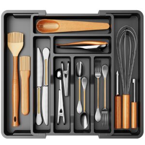 pipishell expandable silverware organizer, adjustable pp plastic utensil drawer organizer, cutlery kitchen drawer organizer with upgraded sliding track for knife, fork & spoon storage, black