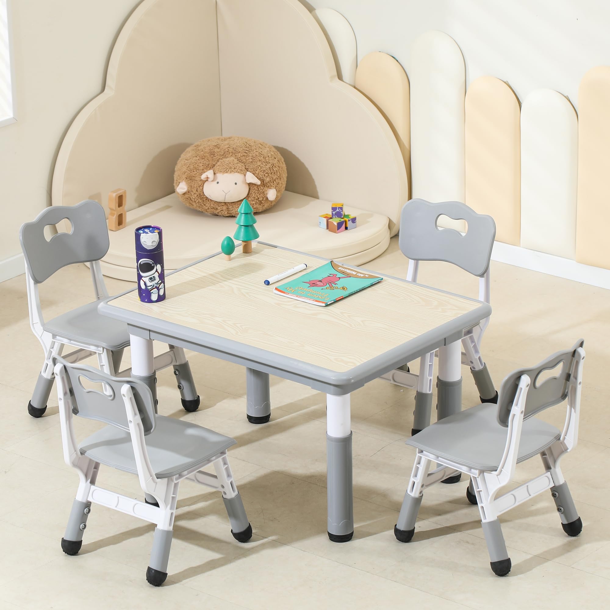 Kids Table and Chairs, Height-Adjustable Toddler Table and Chair Set with 31.5''Lx23.6''W Graffiti Desktop, Table Chair for Ages 3-8, Childrens Table and Chair Set for Daycare with 4 Chairs, Grey