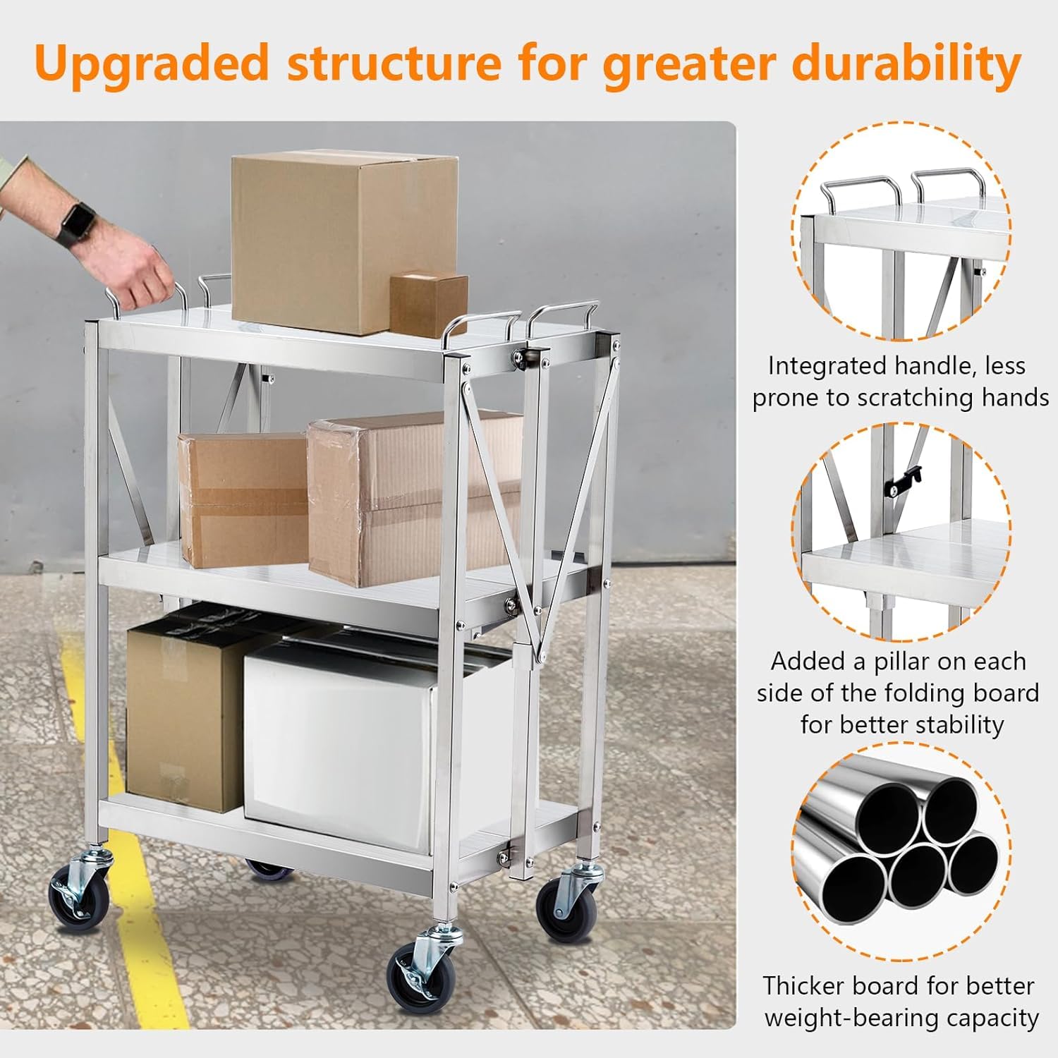 Agrestem 3-Tier Foldable Service Carts with Wheels, Rolling Cart Utility Cart Foldable Cart, 330 lbs Load Capacity, Heavy Duty Professional Utility Cart for Home, Commercial, Garage, Office