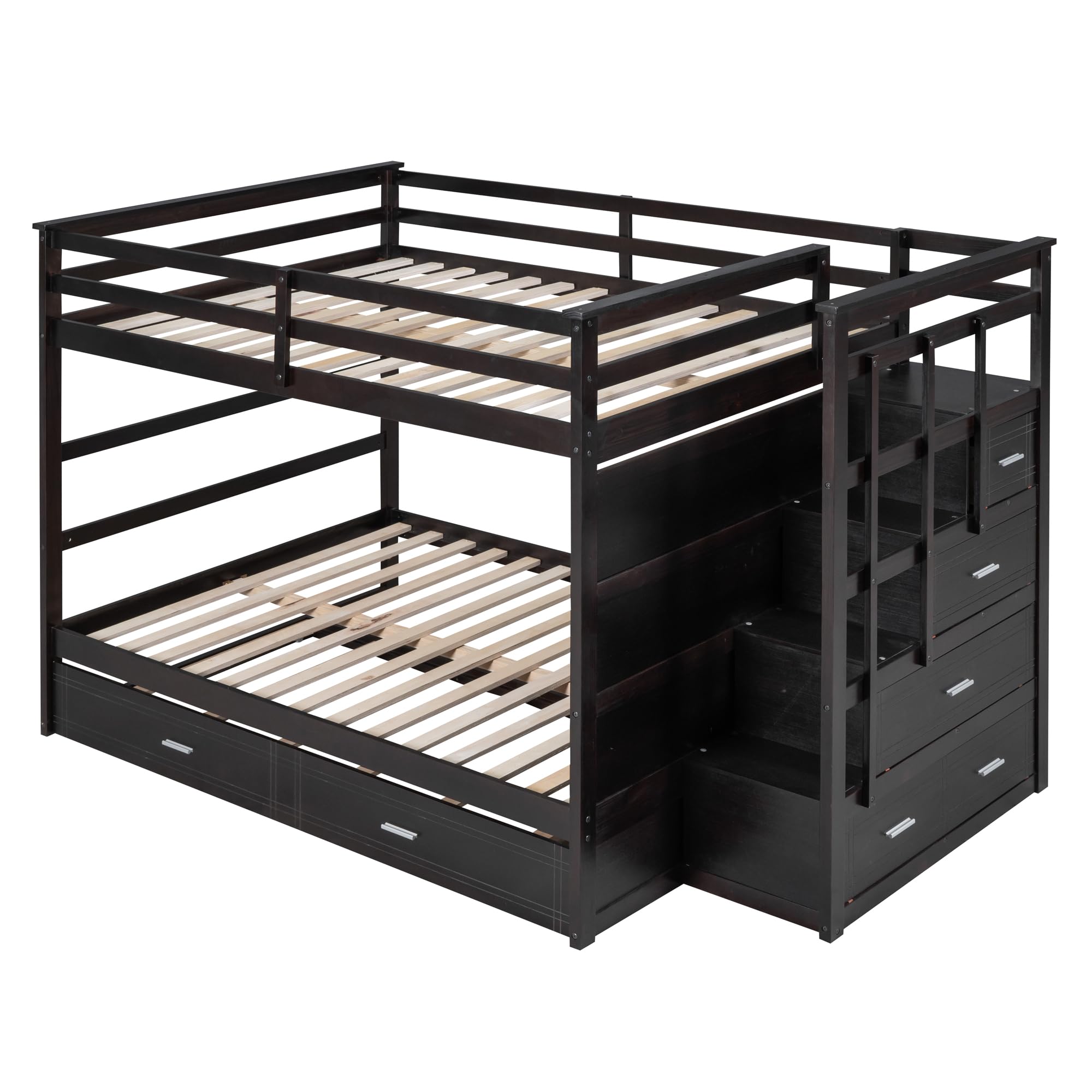 Harper & Bright Designs Full Over Full Bunk Bed with Storage, Wooden Bunk Bed with Trundle and Staircase - Espresso