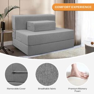 QIUBABYO Folding Sofa Bed Couch with Armrest-Convertible Sleeping Mattress Guest Bed Lounger,Memory Foam Foldable Mattress with Luxury Washable & Removable Cover, 75"x47"x8 (Light Grey)