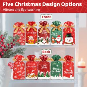 Shintop Christmas Treat Bags Drawstring, 50PCS Plastic Holiday Goodie Bags 5.8x9inch Reusable Gift Pouches for Party Favors Sweets Cookies