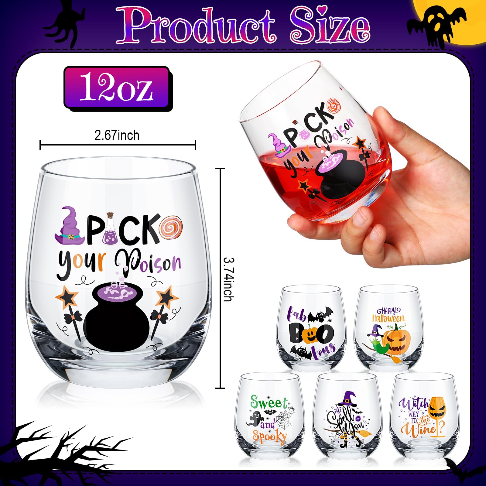 Pickmesh 6 Pcs Halloween Wine Glass 12oz Witches Stemless Glass Spider Pumpkin Halloween Drinking Glass Halloween Party Gift for Wedding Event Birthday Party for Women, Sisters, Friends, Colleagues