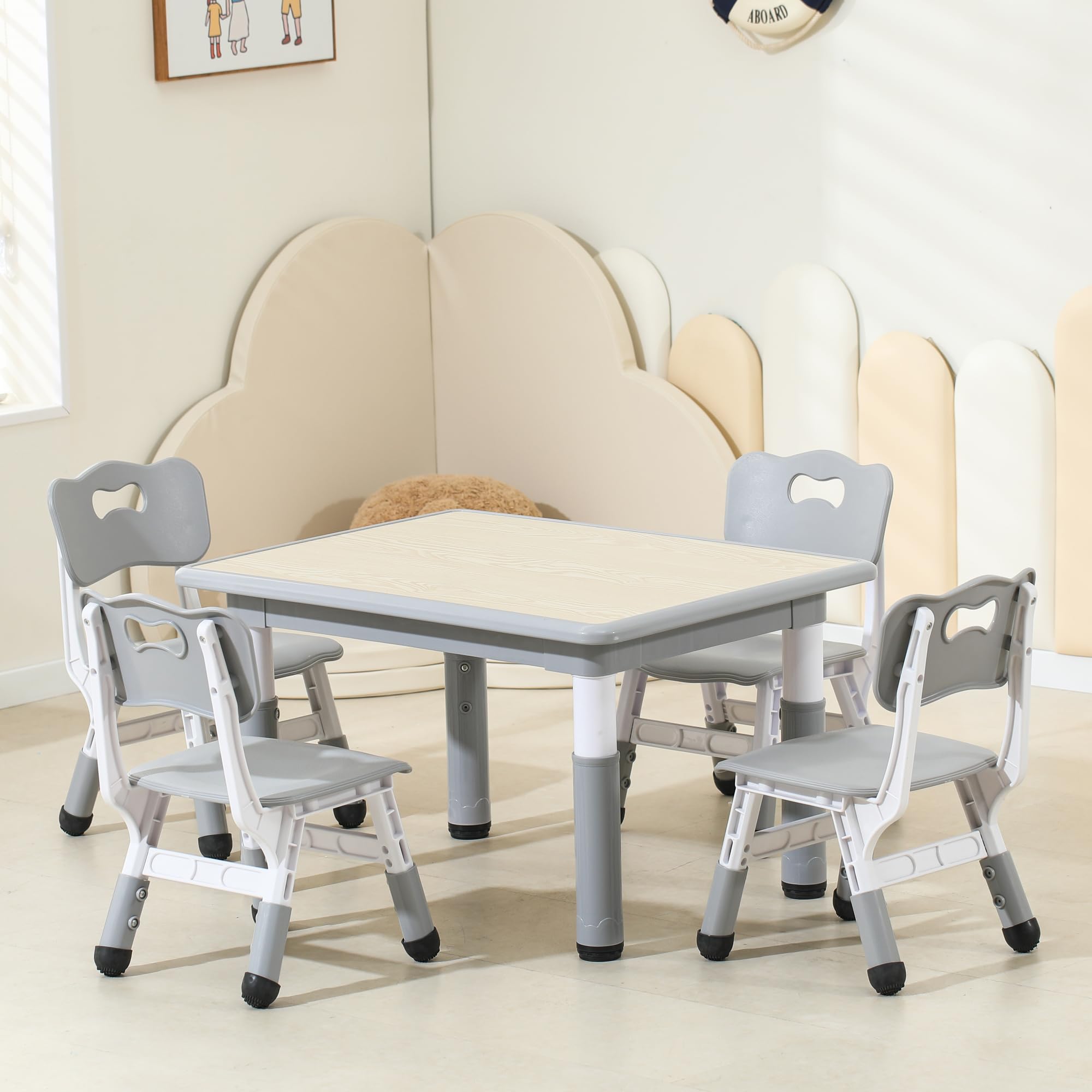 Kids Table and Chairs, Height-Adjustable Toddler Table and Chair Set with 31.5''Lx23.6''W Graffiti Desktop, Table Chair for Ages 3-8, Childrens Table and Chair Set for Daycare with 4 Chairs, Grey