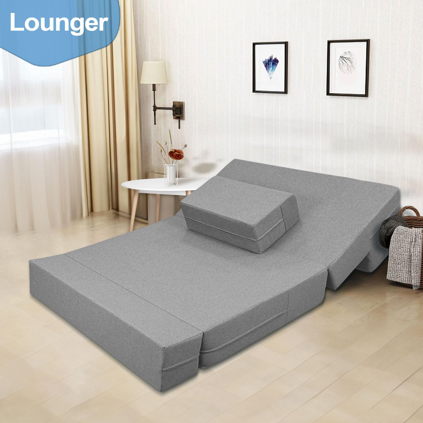 QIUBABYO Folding Sofa Bed Couch with Armrest-Convertible Sleeping Mattress Guest Bed Lounger,Memory Foam Foldable Mattress with Luxury Washable & Removable Cover, 75"x47"x8 (Light Grey)