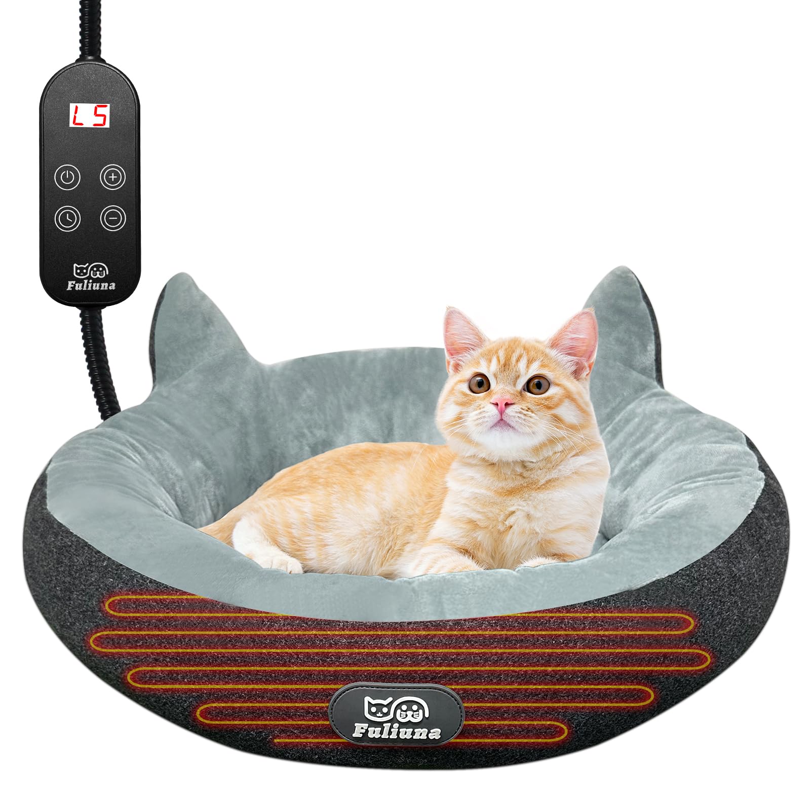 Alpcouts Heated Cat Bed for Indoor Cats, Round Indoor Heated Pet Bed with Timer & Temp Adjustable, 19" Donut Cat Heated Bed Cozy Electric Pet Heating Pad with Chew Resistant Cord for Kitten Cat.