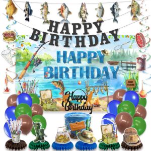 roetyce gone fishing birthday decorations, 34pcs fishing birthday banner balloons hanging swirls centerpieces cake topper kit, gone fishin happy birthday backdrop for kids, angler birthday party decor