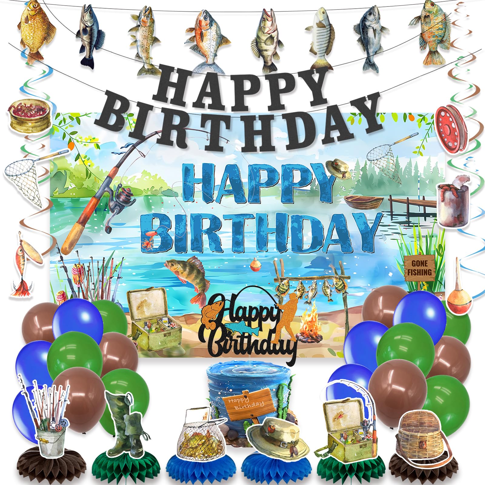 Roetyce Gone Fishing Birthday Decorations, 34PCS Fishing Birthday Banner Balloons Hanging Swirls Centerpieces Cake Topper Kit, Gone Fishin Happy Birthday Backdrop for Kids, Angler Birthday Party Decor