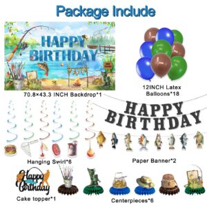 Roetyce Gone Fishing Birthday Decorations, 34PCS Fishing Birthday Banner Balloons Hanging Swirls Centerpieces Cake Topper Kit, Gone Fishin Happy Birthday Backdrop for Kids, Angler Birthday Party Decor