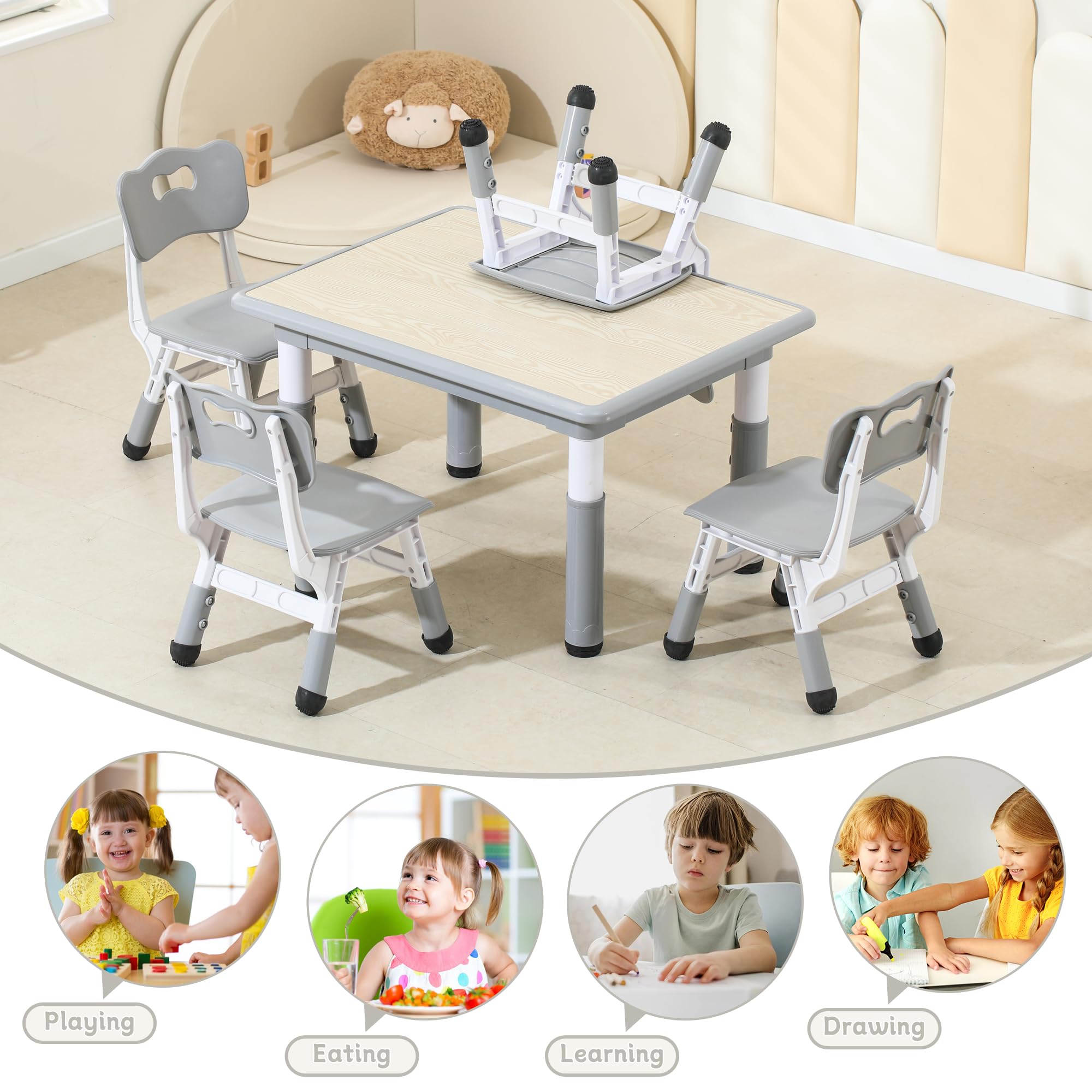 Kids Table and Chairs, Height-Adjustable Toddler Table and Chair Set with 31.5''Lx23.6''W Graffiti Desktop, Table Chair for Ages 3-8, Childrens Table and Chair Set for Daycare with 4 Chairs, Grey