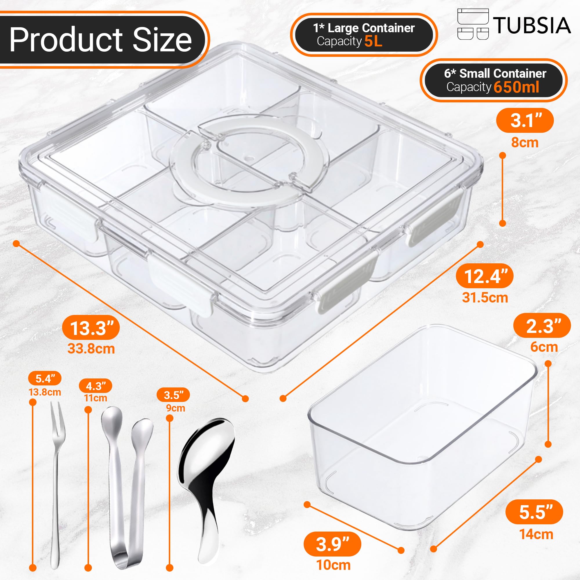 TUBSIA Large Divided Serving Container with Lid and Handle, Snack Organizer, 6 Removable Compartments - Veggie and Fruit Tray, Snack Box, Charcuterie Container