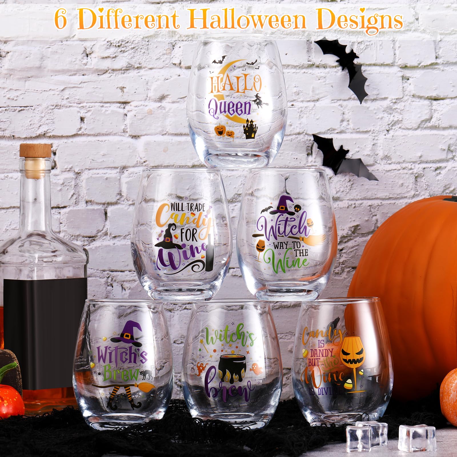 Maxcheck 12 Pcs Halloween Stemless Wine Glasses 15oz Witches Wine Glasses Hallo Queen Drinking Glasses Ice Coffee Beer Beverages Clear Tumbler Cup Halloween Gifts for Women Men Party Event Decorations