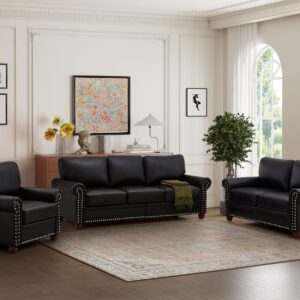 Moxoq Mid-Century Modern Faux Leather Living Room Sofa Set with Rivet Trim, Solid Wood Frame and Legs - Single, Double, Triple, 2+3 Seater, 1+2+3 Seater, 4 Color Options (Black, Single Sofa)