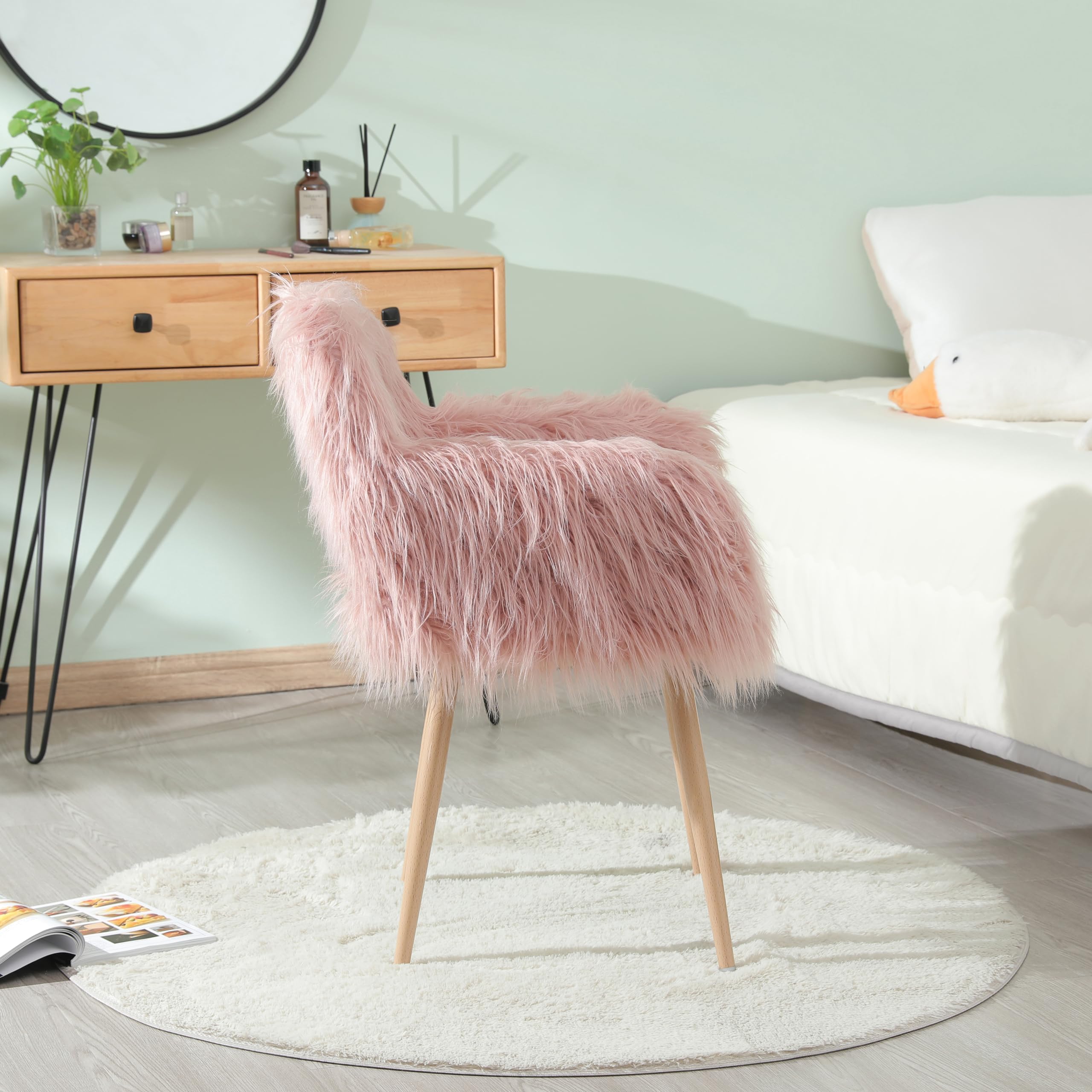 Faux Fur Desk Chair with Wood-Like Metal Legs,Furry Accent Chair Cute Desk Chair,Fluffy Home Office Chair Without Wheels for Women Kids Teen Girls