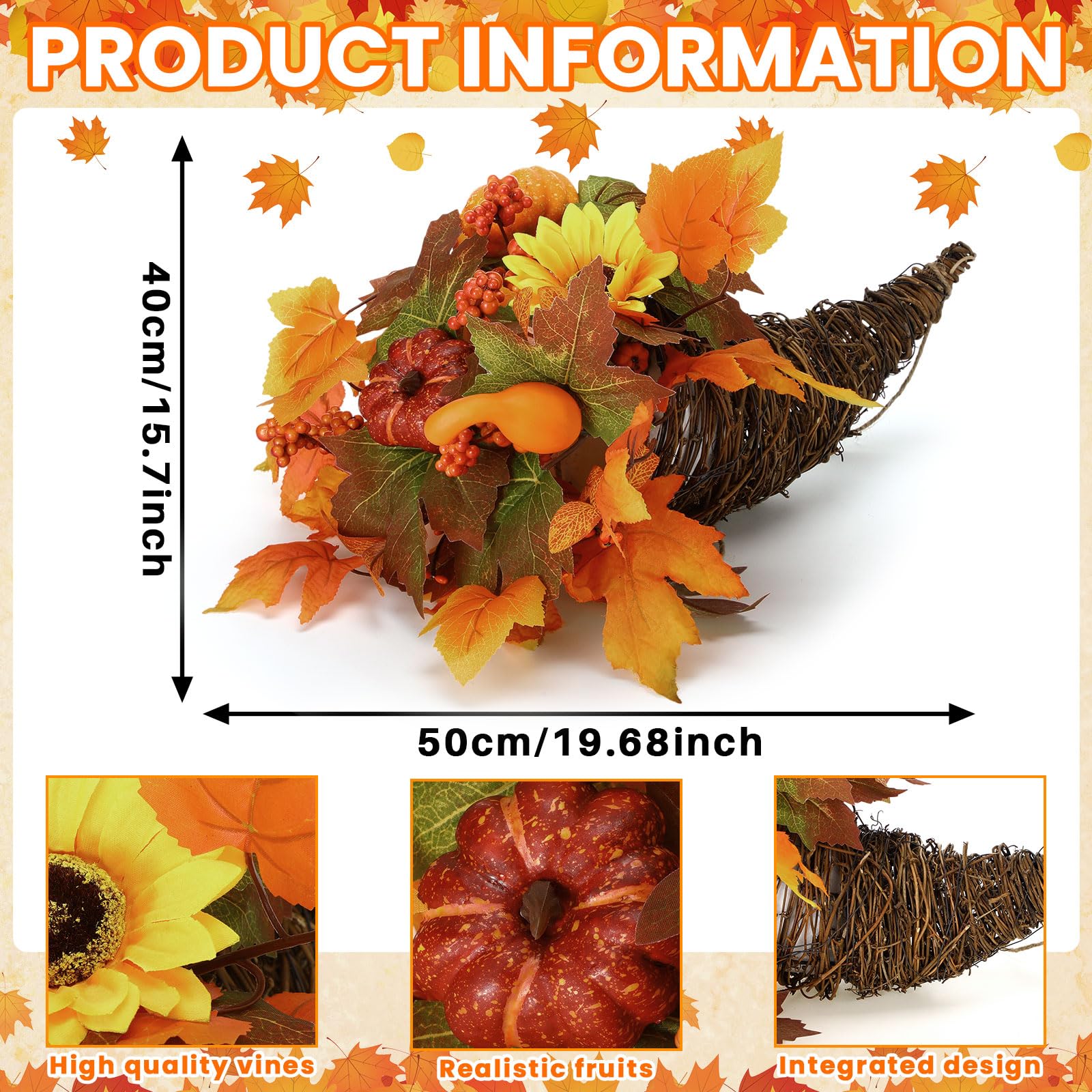 Knitgrip Thanksgiving Table Cornucopia Centerpiece Fall Table Centerpiece Pumpkin Maple Leaves Harvest Cornucopia Basket Decoration for Fall Autumn Thanksgiving Dining Table Centerpiece (Orange)