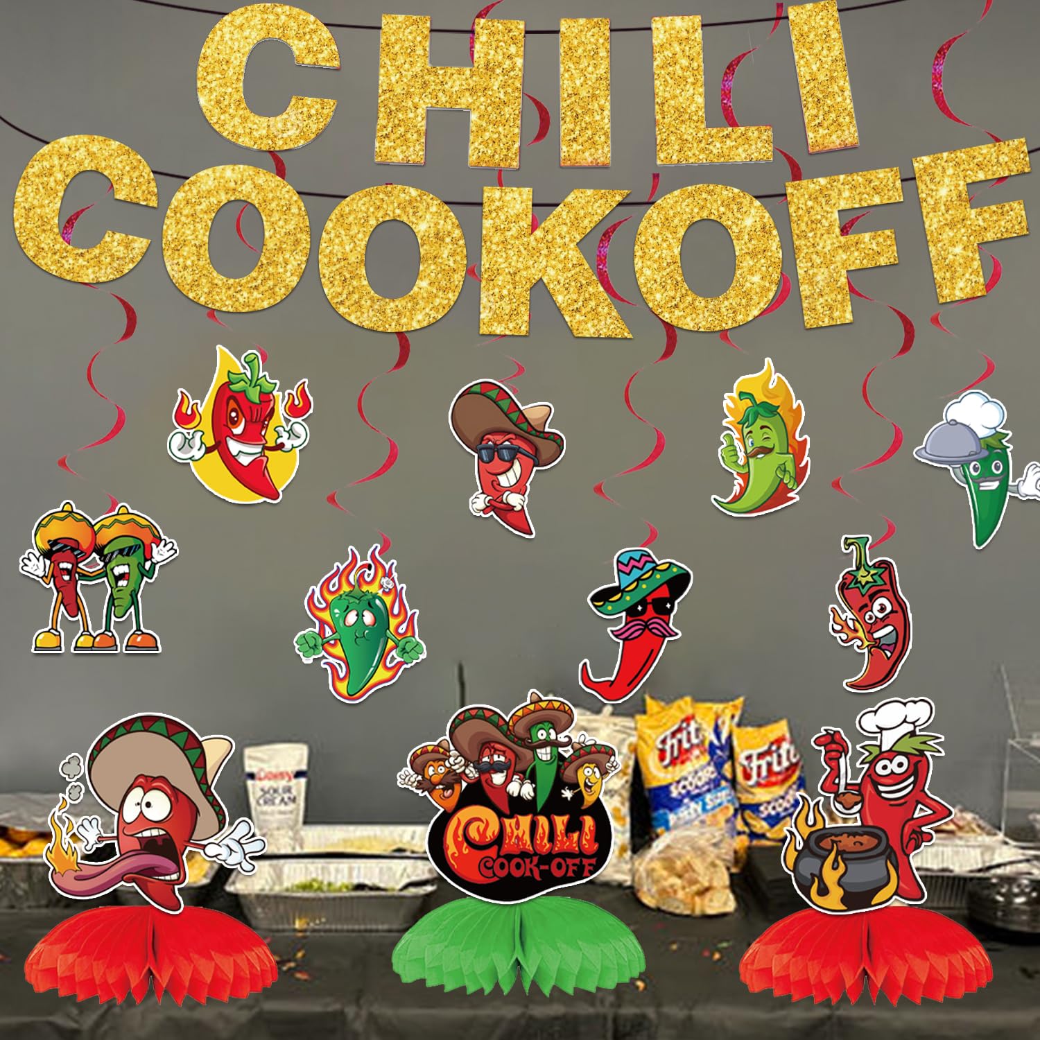 Chili Cook Off Decorations, 1 Pc Chili Cook Off Banner 8 Pcs Chili Hanging Swirls 3 Pcs Honeycomb Centerpiece for Chili Contest Tasting Competition, Chili Party Banners Chili Festival Party Supplies