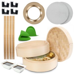 gourmet heaven bamboo steamer basket kit 2 tier-10 inch-steamer for cooking-dumplings steamer, momo,bao buns, asian,chinese food steamer basket,silicone pot, rice steamer,liners-dim sum,soup steamer