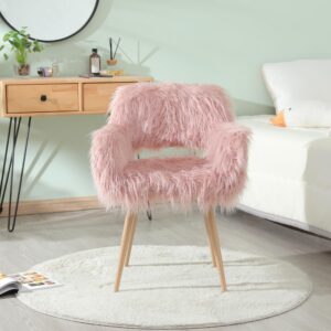 Faux Fur Desk Chair with Wood-Like Metal Legs,Furry Accent Chair Cute Desk Chair,Fluffy Home Office Chair Without Wheels for Women Kids Teen Girls