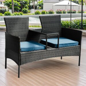 tinkle well wicker outdoor loveseat modern rattan 2-seat patio conversation set with cushions & built-in coffee table porch furniture for garden lawn backyard, dark brown