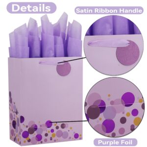 13" Large Purple Gift Bag Set with Greeting Card and Tissue Paper (Purple Foil Dots) for Celebrating Birthdays, Baby Shower, Weddings, Anniversary, Valentine's Day, Mother's Day - 10.2”x5.2”x13”, 1 Pcs.