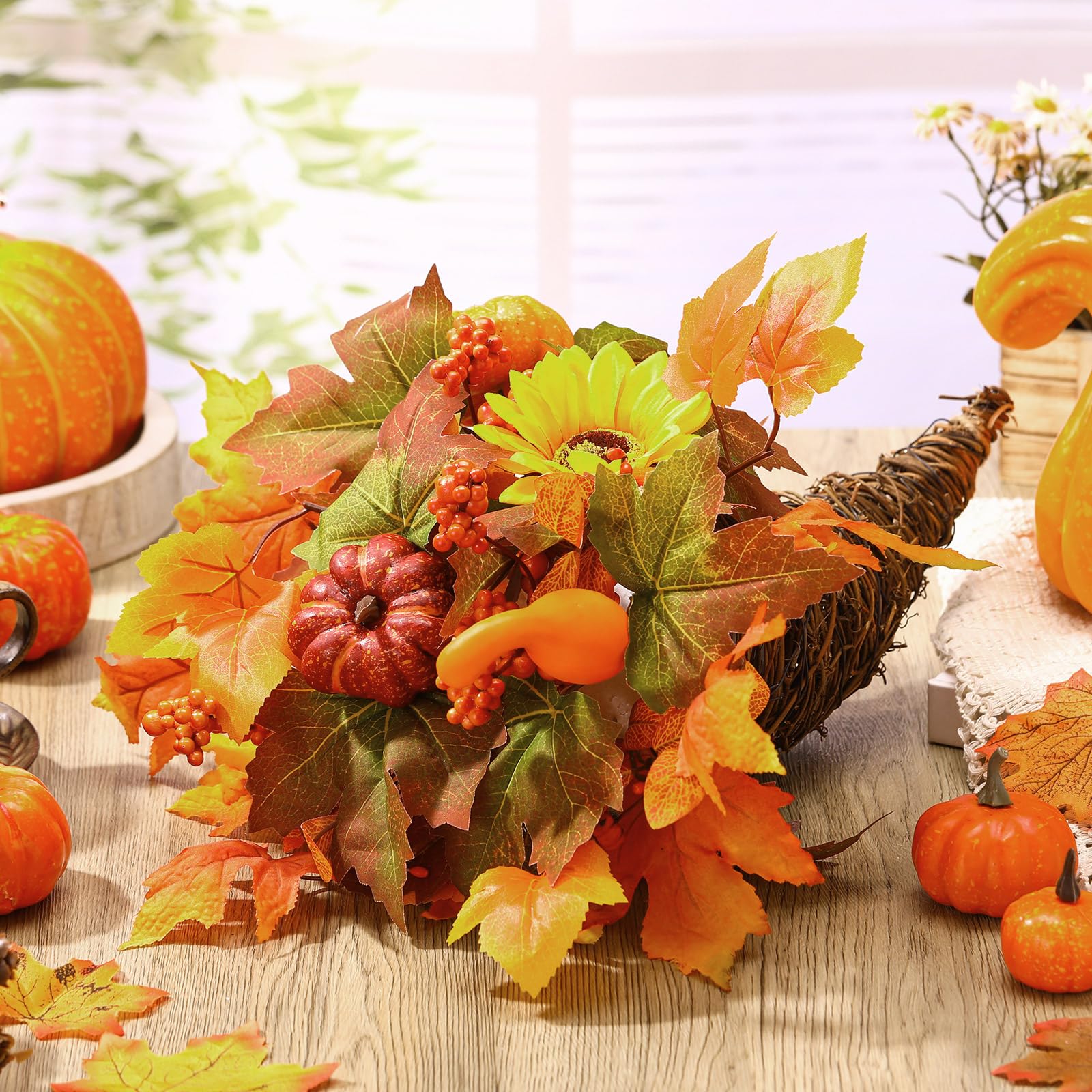 Knitgrip Thanksgiving Table Cornucopia Centerpiece Fall Table Centerpiece Pumpkin Maple Leaves Harvest Cornucopia Basket Decoration for Fall Autumn Thanksgiving Dining Table Centerpiece (Orange)