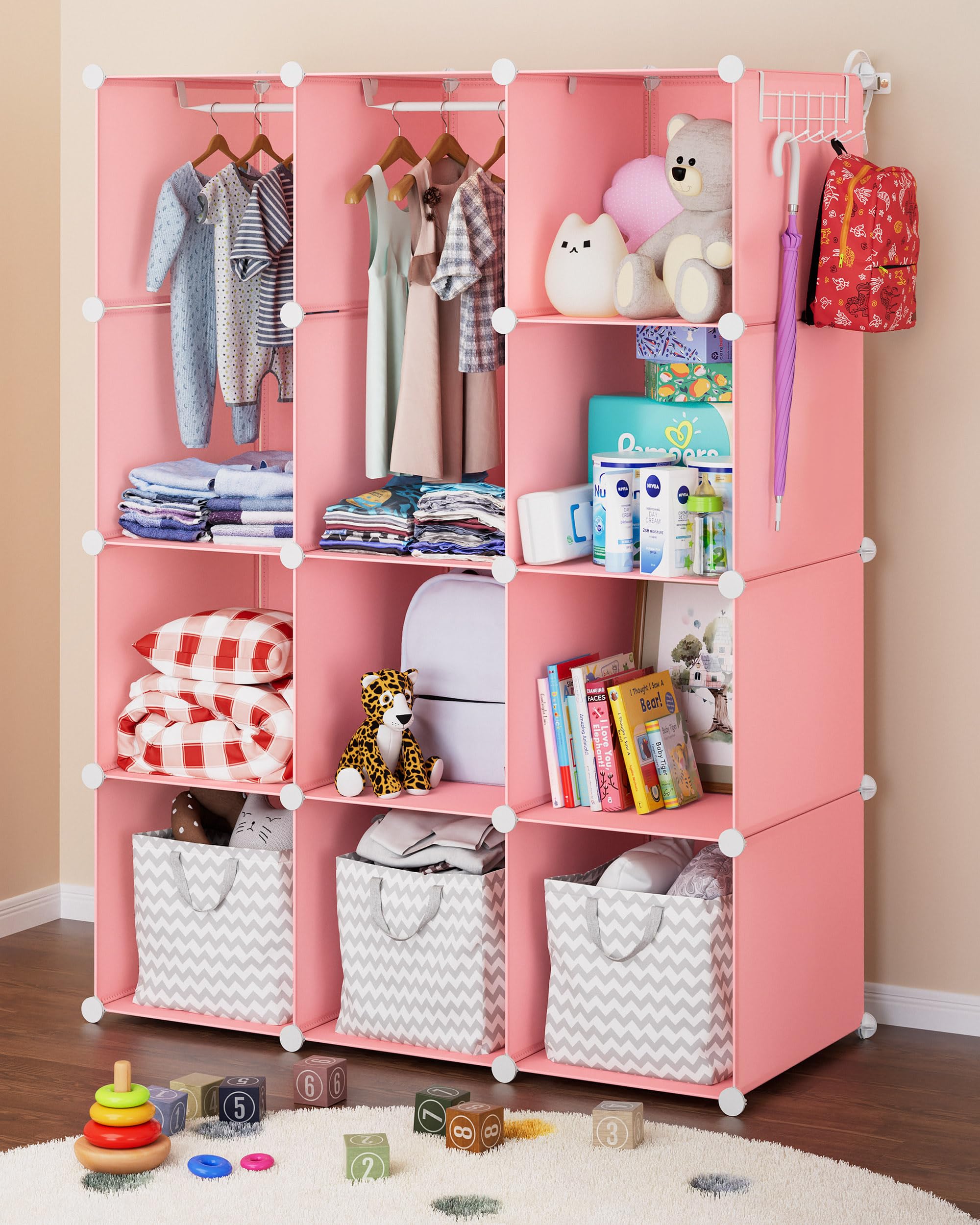 CUBEDIY Baby Closet Organizer for Nursery: Durable Baby Wardrobe for Closet - Customizable Baby Armoire - Baby Dresser Closet Shelves - Waterproof Shelf Clothes Organizer w/Wall Fixation (Pink)