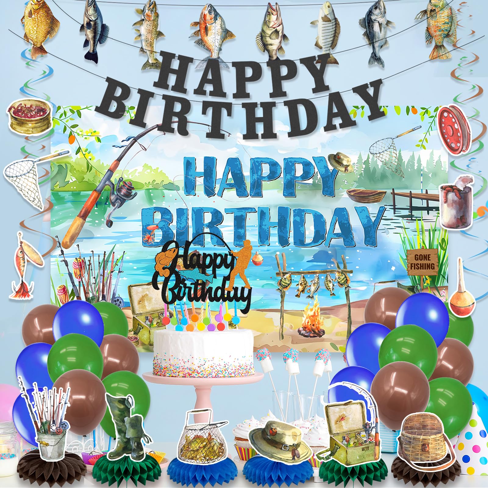 Roetyce Gone Fishing Birthday Decorations, 34PCS Fishing Birthday Banner Balloons Hanging Swirls Centerpieces Cake Topper Kit, Gone Fishin Happy Birthday Backdrop for Kids, Angler Birthday Party Decor