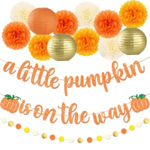 kriyokiaa little pumpkin baby shower decorations 14 pcs fall baby shower decorations with a little pumpkin is on the way banner, tissue pom-poms, paper lantern