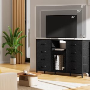 Decofy Dresser for Bedroom with LED Lights and Power Outlets, 8 Drawers TV Stand Dresser for 65 Inch TV, Fabric Chest of Drawers with Open Shelves, Black Dressers for Bedroom, Closet